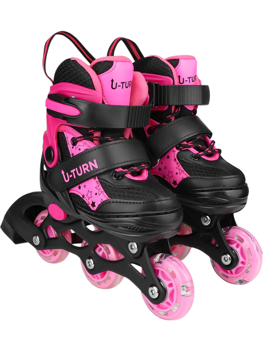 Роликовые коньки 2в1 с лезвием (ролики, коньки) раздвижные (размер 33-36) сияние, розово-чёрный (арт. КР-0104)