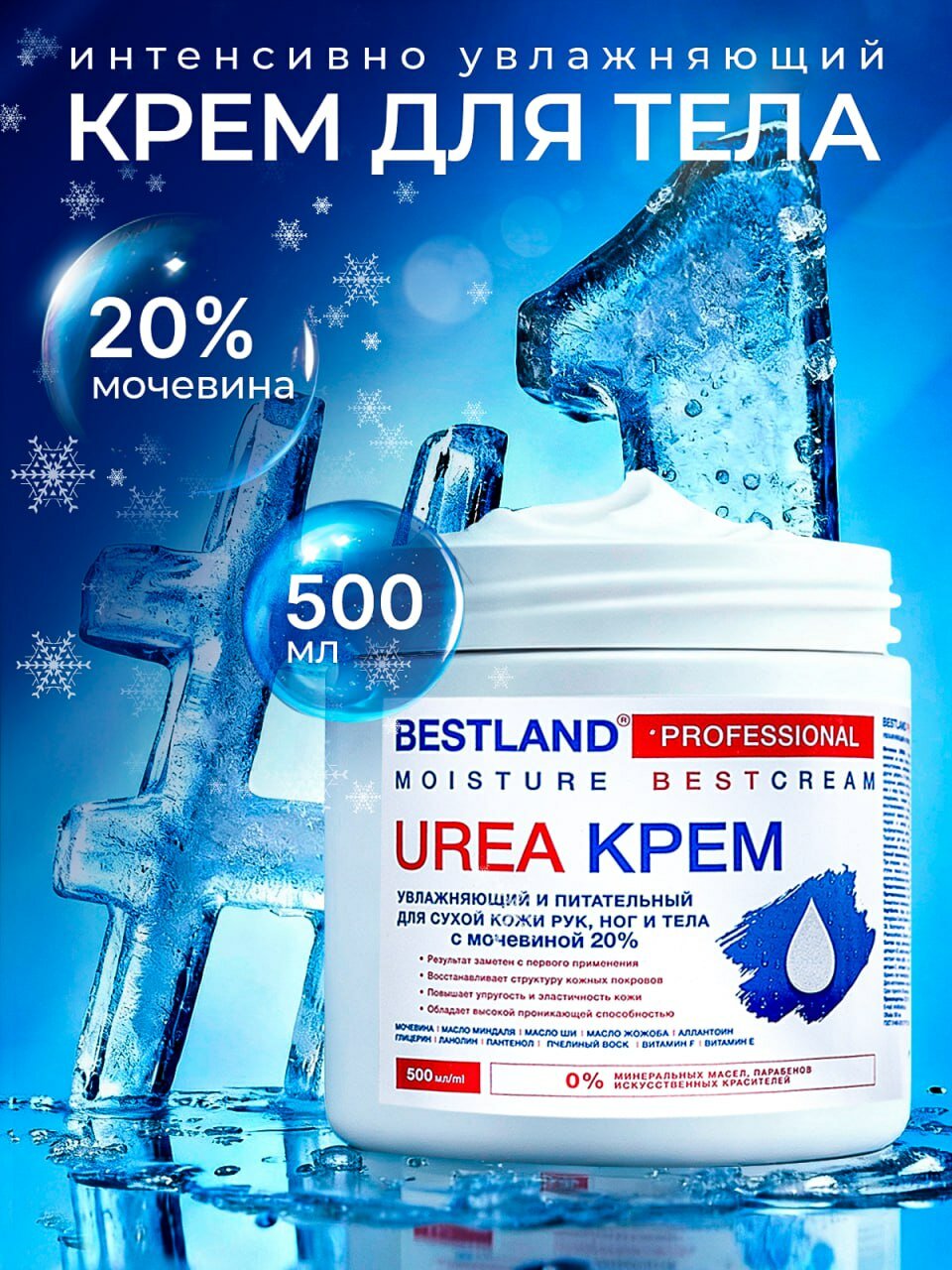 Крем для ног, рук и тела Bestland, увлажнение и питание для сухой кожи с мочевиной 20%, 500мл