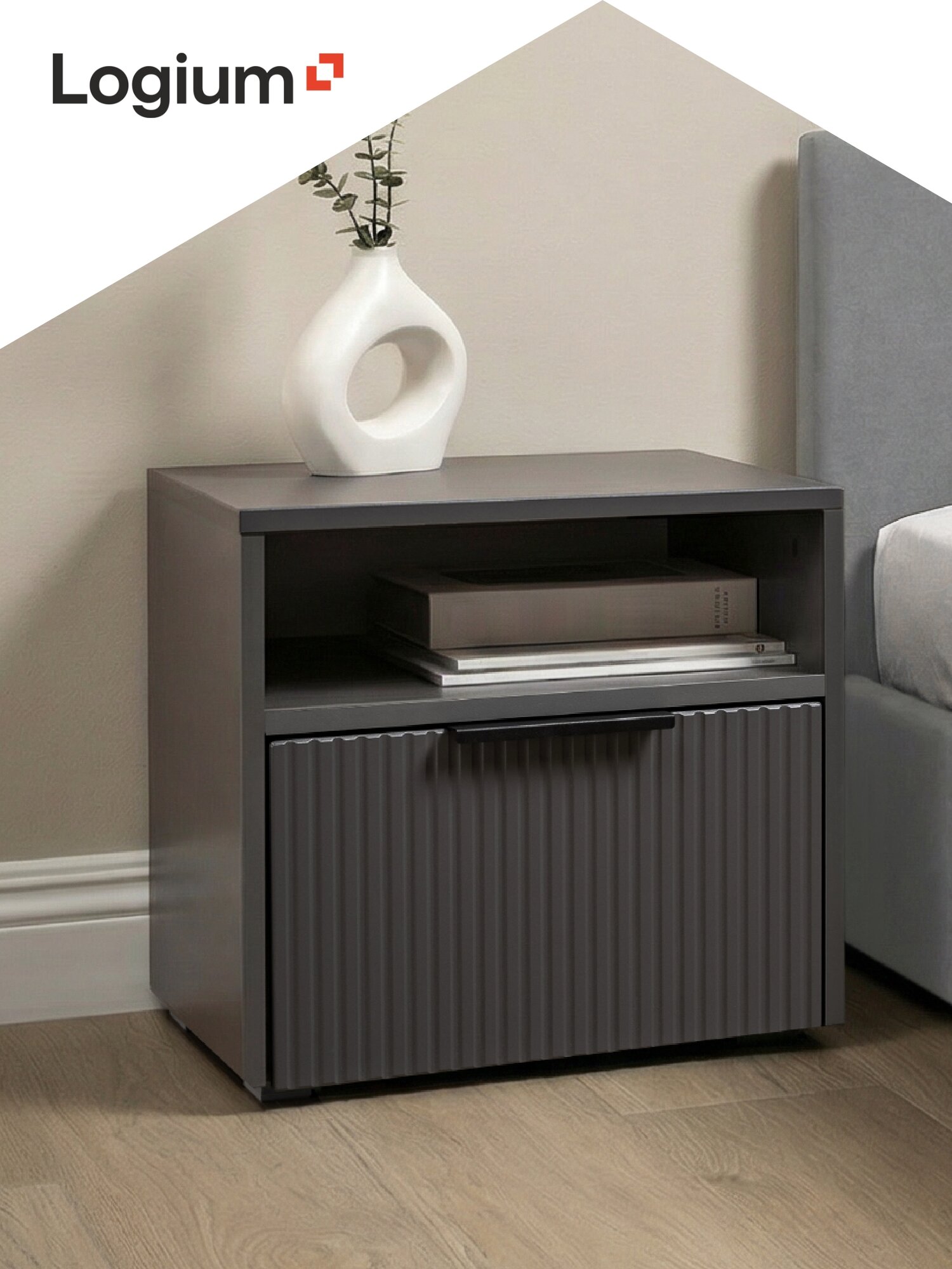 Тумба прикроватная напольная с ящиком LOGIUM Клео, серый графит, ЛДСП, МДФ, шариковые направляющие