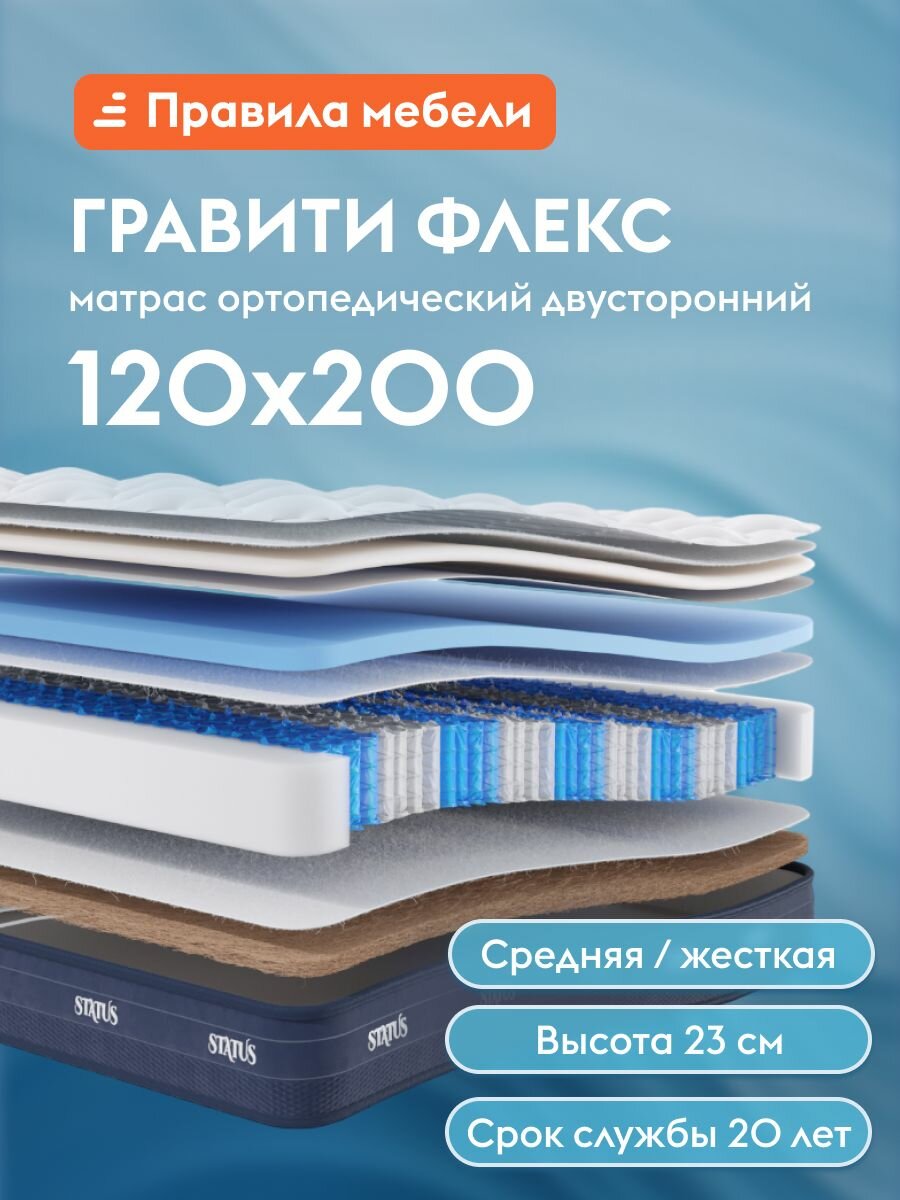 Матрас Гравити флекс 120х200 см, ортопедический, независимые пружины, двусторнний, жесткий, средний, Белый
