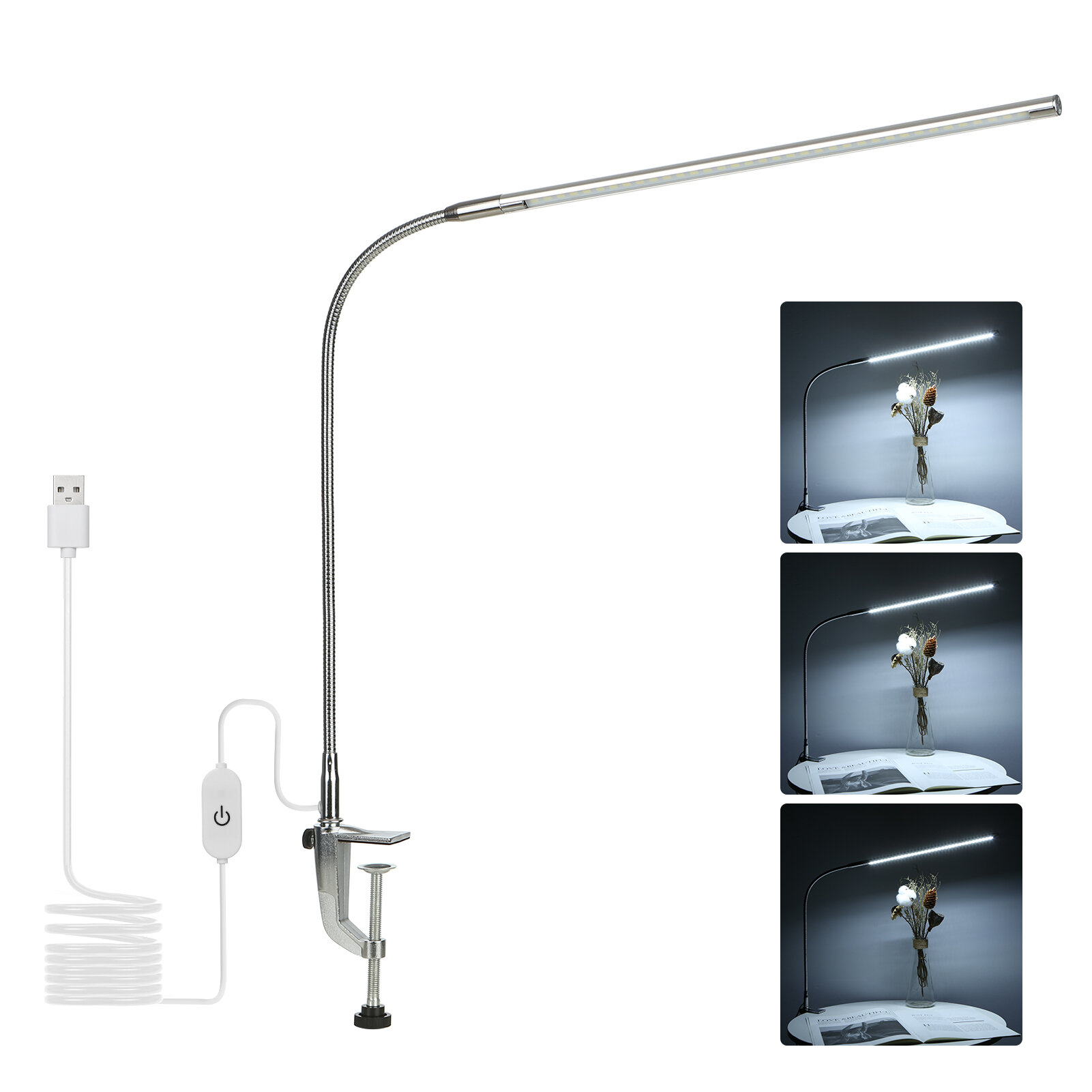 USB-пристегивающаяся настольная лампа с белым освещением, сенсорное управление, регулируемая яркость светодиодов, лампа для чтения, гибкий угол освещения для изголовья кровати, офисный верстак