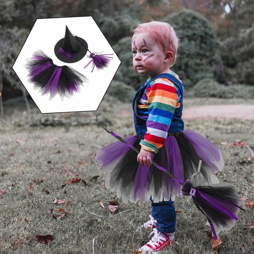 1 комплект костюмов на Хэллоуин, реквизит для косплея ведьмы, платье и метла для вечеринки в стиле косплея ведьмы