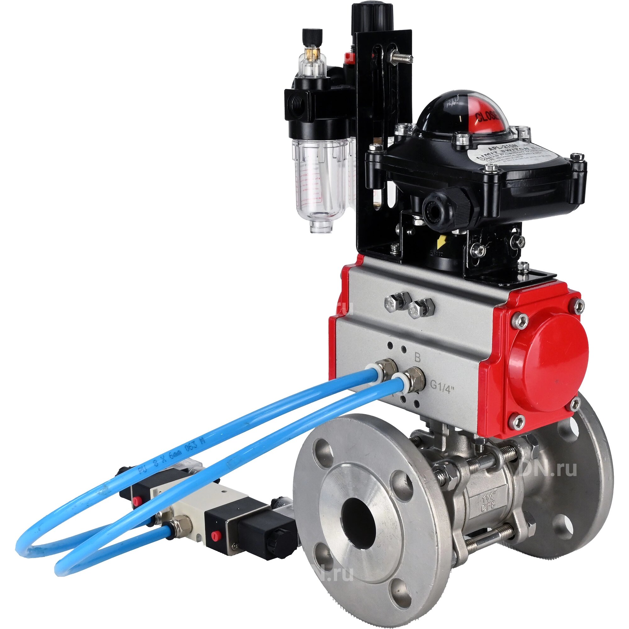 Кран шаровой DN.ru кшфпт 304.180 Ду25 Ру40, трехсоставной полнопроходной фланцевый, нержавеющая сталь SS304, PTFE, с пневмоприводом DA-052, с пневмораспределителем PND1-S2EM-52-2-T10-220VAC, с БКВ LSB-210-02NM12-220/24, с БПВ APU1-10-40-V08