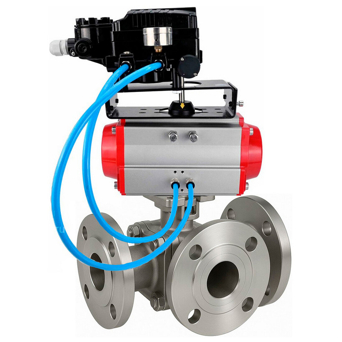 Кран шаровой DN.ru 316-316-PTFE-FP-3L-F-ISO-H Ду50 Ру16 HYMT, трехходовой L-тип, полнопроходной, фланцевый, корпус - нержавеющая сталь SS316, с пневмоприводом DA-065 и пневмопозиционером EPRP1-NU-0-08 без обратной связи (опрессовано)