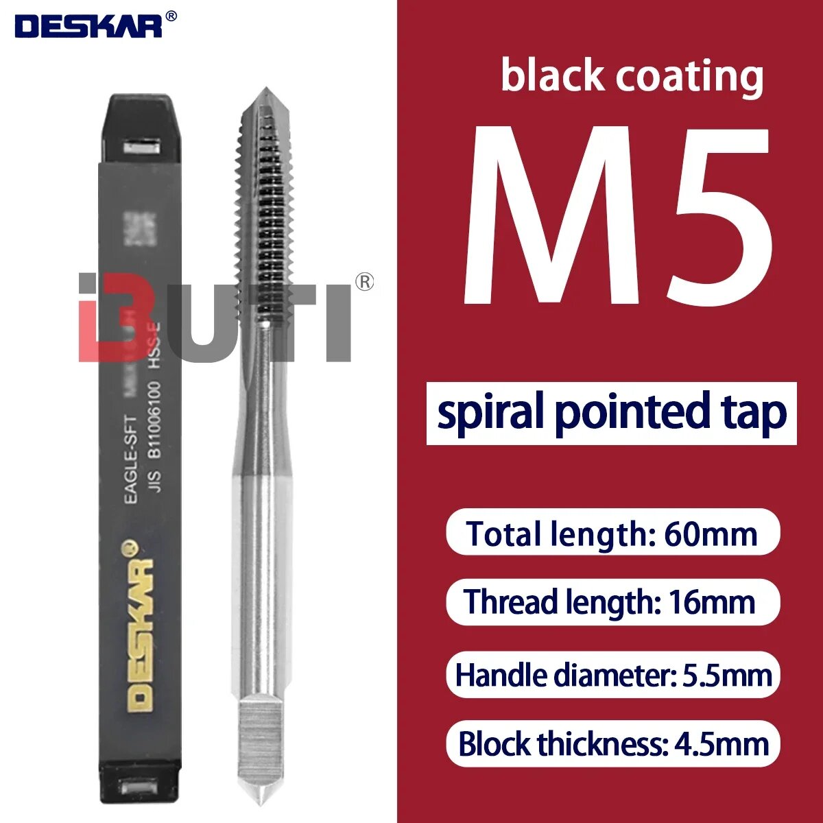 DESKAR M5x0.8 Spiral Pointed Tap, 60mm, Black Coating