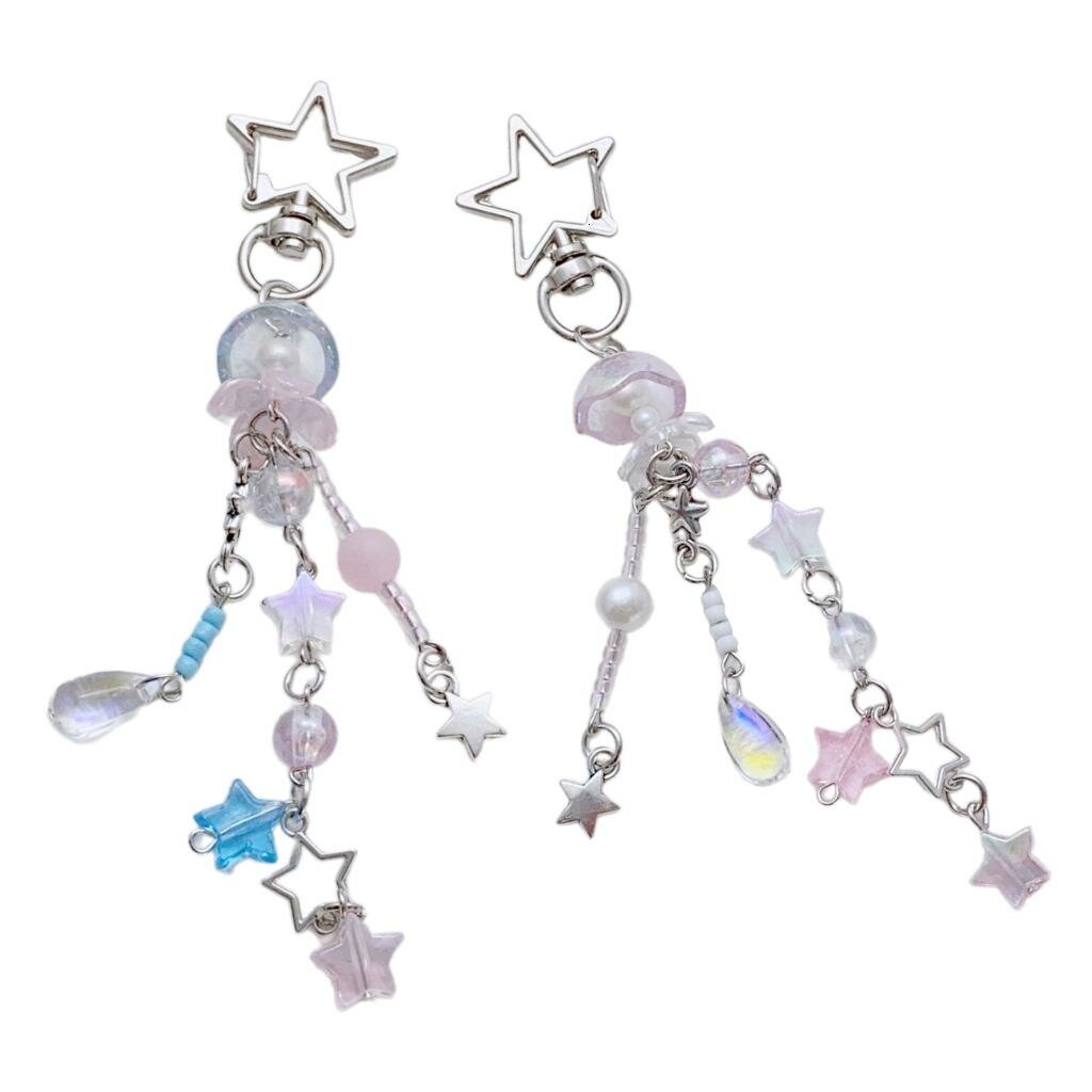 Брелок, набор из 2 предметов, милое и прикольное девичье сердечко, сверкающие звезды, маленькие цветы, вышитая бисером цепочка-губен