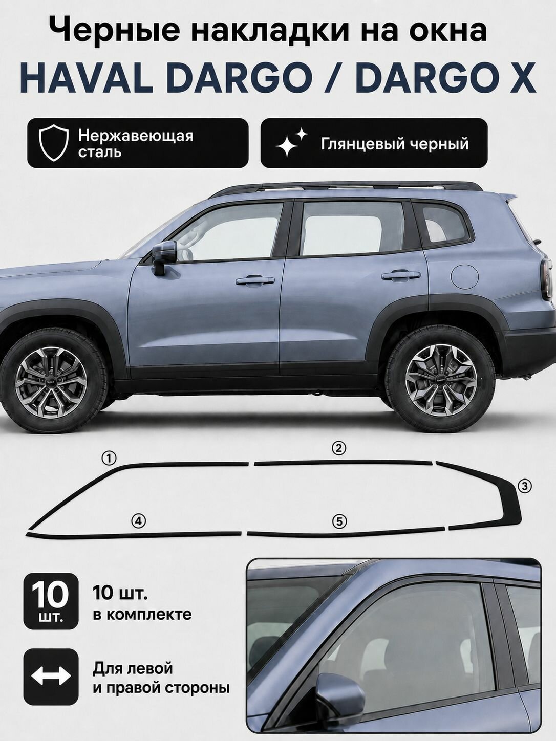 Антихром молдингов окон Haval Dargo 2022-2025 / Dargo X 2023-2025, черные накладки из нержавеющей стали