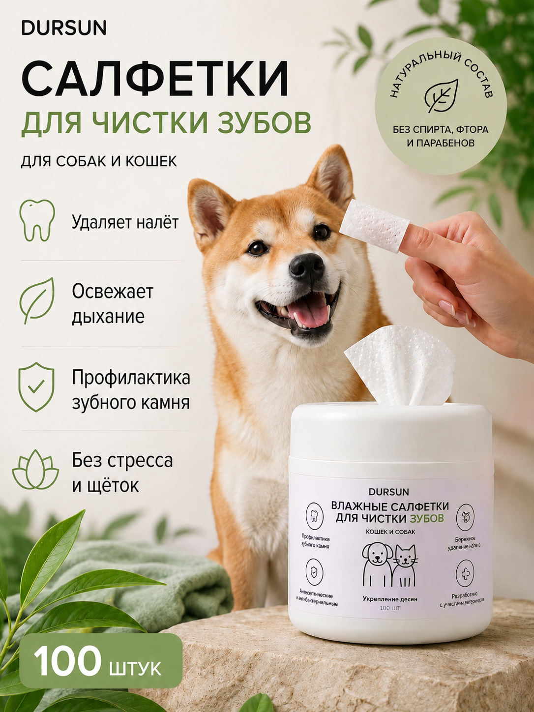 Влажные салфетки для чистки зубов собак и кошек СЗж-2 100 шт.