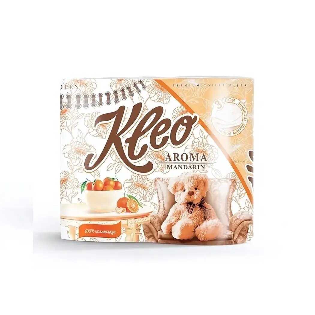Туалетная бумага KLEO 3 слоя, 4 рулона, аромат мандарина, 100% целлюлоза