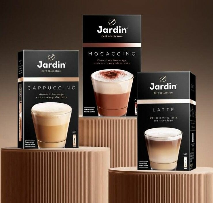 Кофе Жардин растворимый Jardin 3 в 1 ассорти вкусов: Латте, Капучино, Мокачино, 3 упаковки по 8 стиков