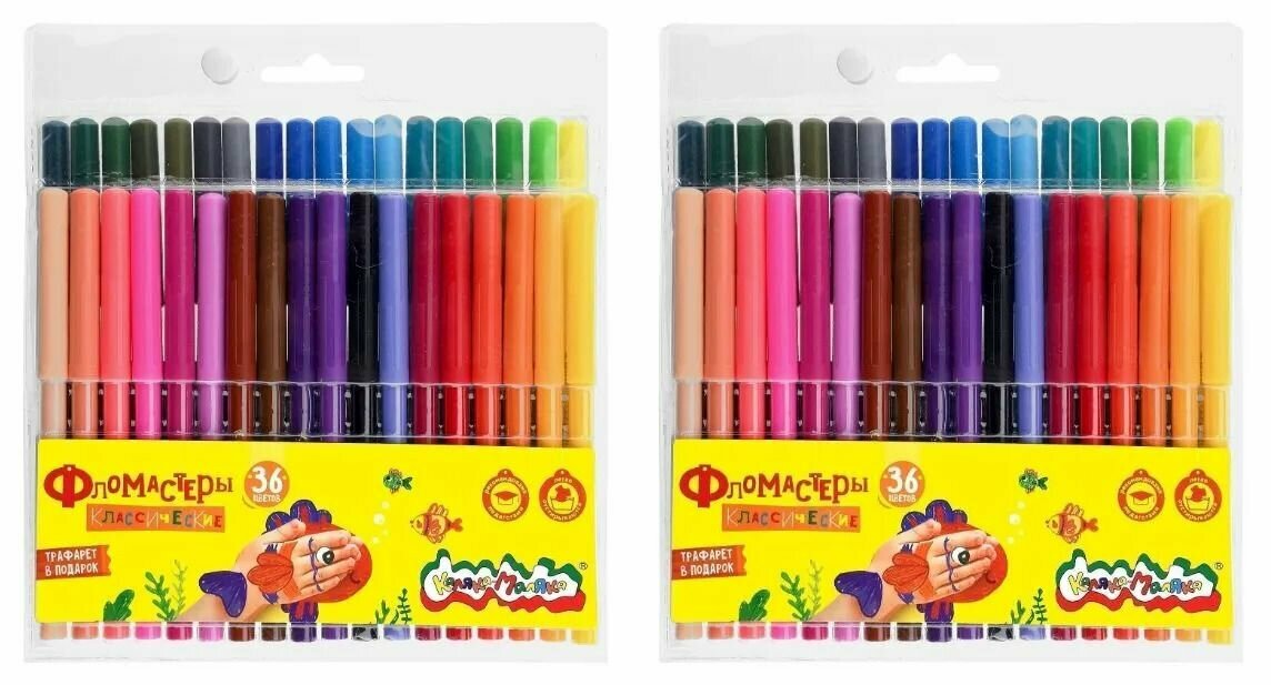 Каляка-Маляка Фломастеры классические 36 цветов круглый корпус легкосмываемые 2 шт