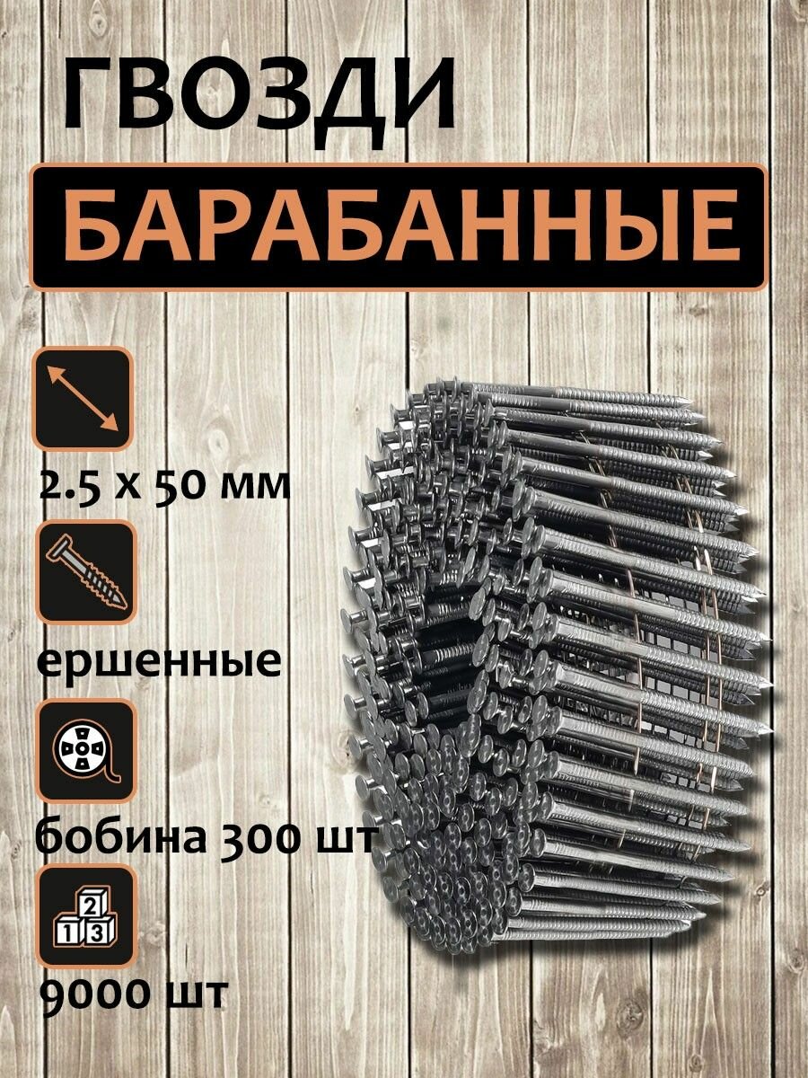 Гвозди барабанные, для нейлера 2,5х50 мм, ершенные 9000 шт. CNW BK RING