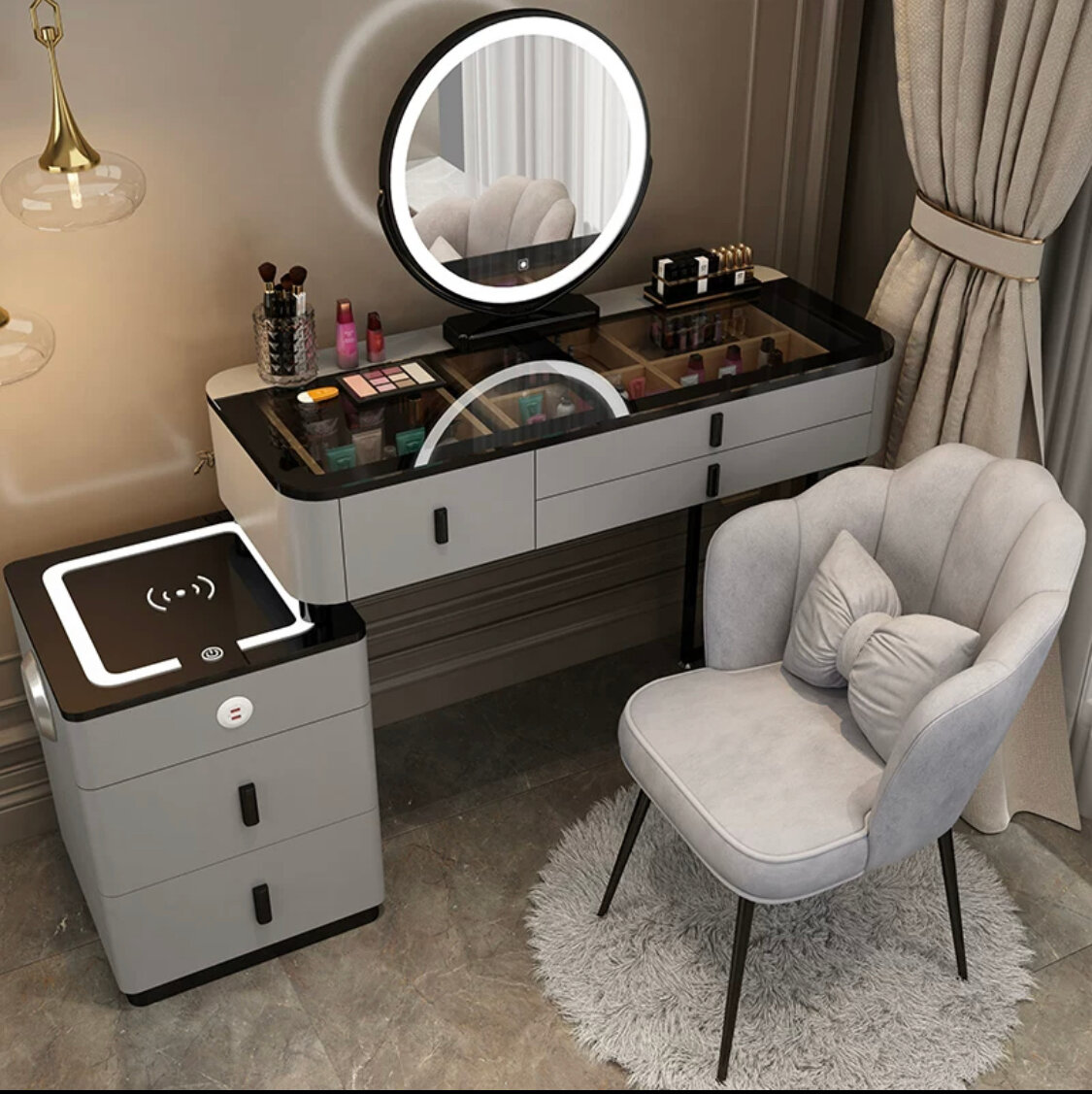 Туалетный столик MoonMalika (Стол 100см серое основание/ чёрное стекло / круглое зеркало / стул с подушкой бантиком)