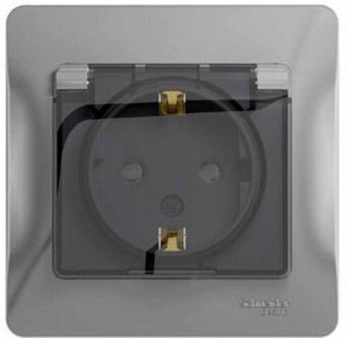 Розетка одинарная Systeme Electric "Glossa", с заземлением, со шторками, с крышкой, IP44, цвет: алюминий, в сборе. SE GSL000348