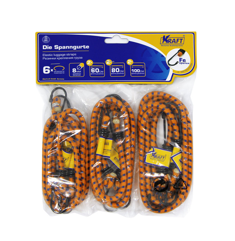 KRAFT KT860003 набор резинок 6 шт. 2шт.-60см, 2шт.-80см, 2шт.-100см, d=8мм (метал. крючки)