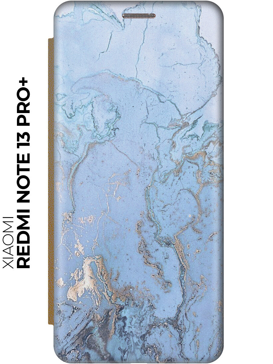 Чехол-книжка на Xiaomi Redmi Note 13 Pro + / Сяоми Редми Ноут 13 Про + с рисунком "Голубой мрамор" золотистый