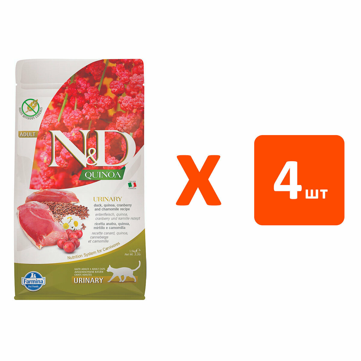 FARMINA CAT N&D GRAIN FREE QUINOA URINARY DUCK беззерновой для взрослых кошек при мочекаменной болезни с уткой и киноа (1,5 кг х 4 шт)