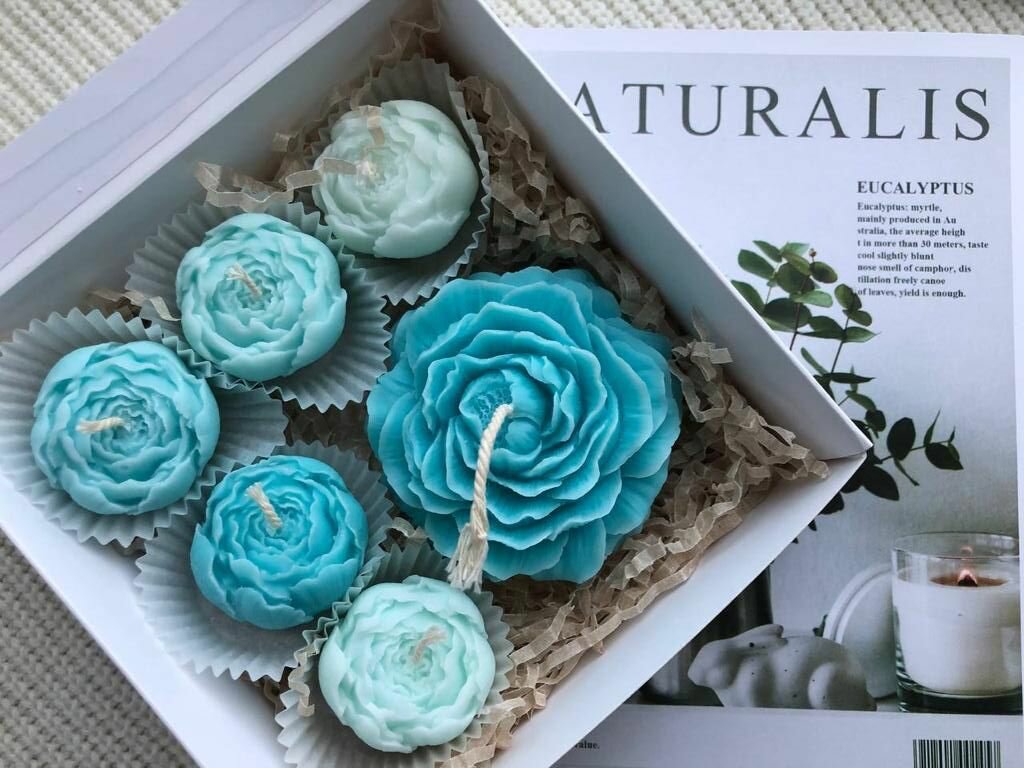 Набор интерьерных свечей в форме одного большого и 5 маленьких пионов "Симфония Тиффани"/Нежная нежность/Уют и тепло в вашем доме