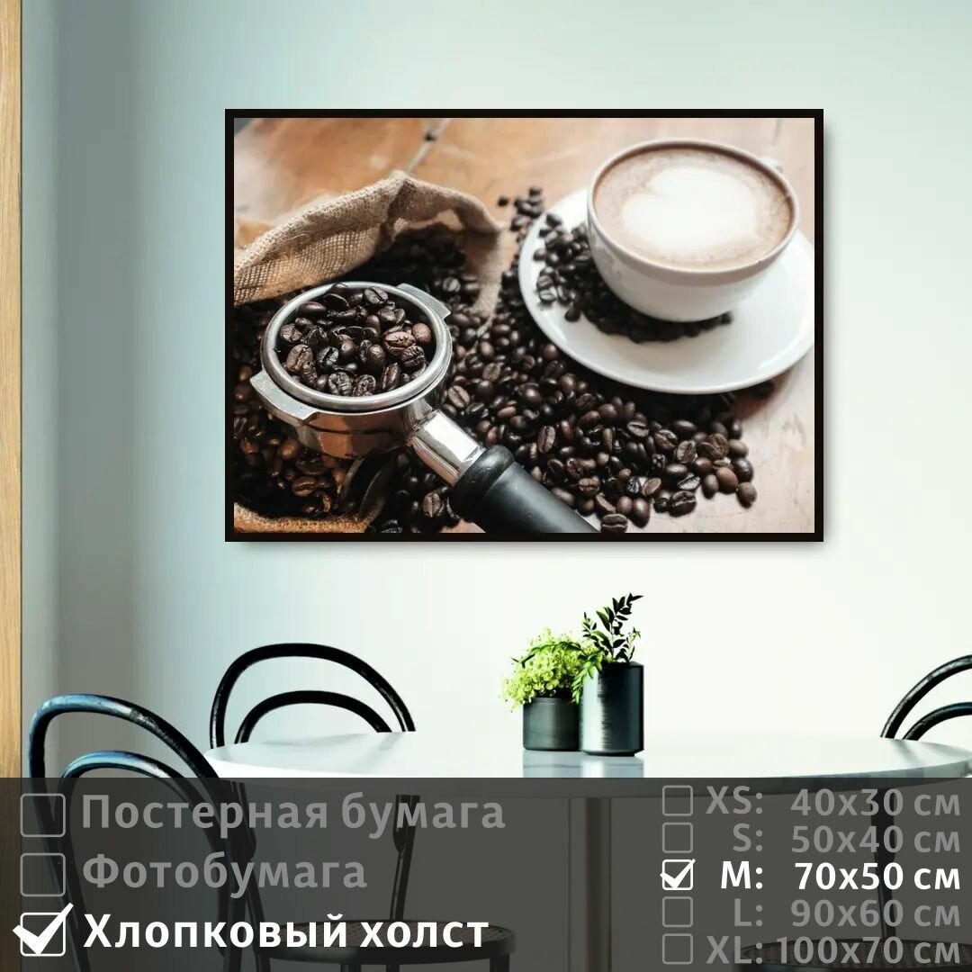 Постер на холсте Кофейные Зерна И Чашка Капучино 70х50 см ПолиЦентр