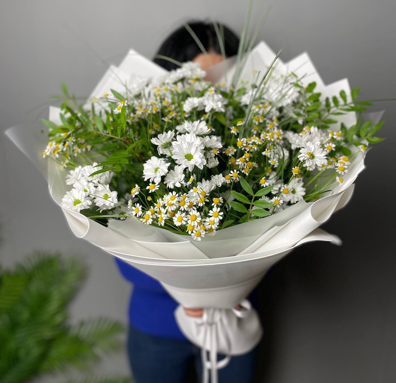 Букет BOTANIQUE "Ромашка и Сантини", 7 цветов, 7 сантини, 8 танацетумов, зелень фисташки и берграсса