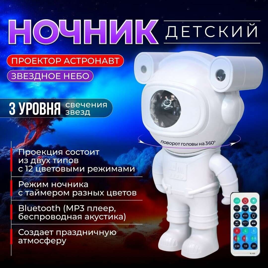 Музыкальный светодиодный проектор-ночник Астронавт Звездное Небо