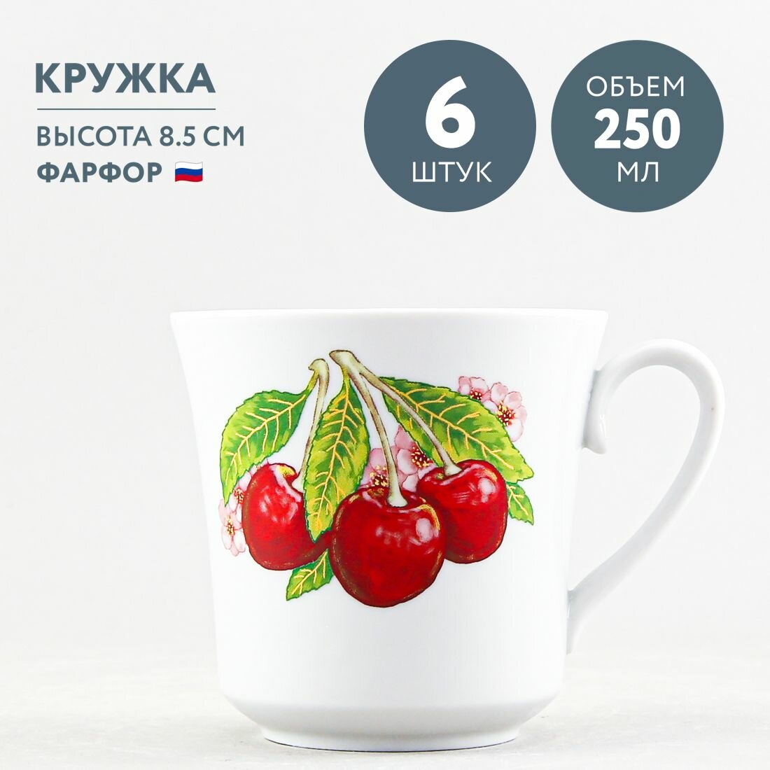 Набор из 6 кружек для чая и кофе 250 мл Дулевский фарфор Вишня