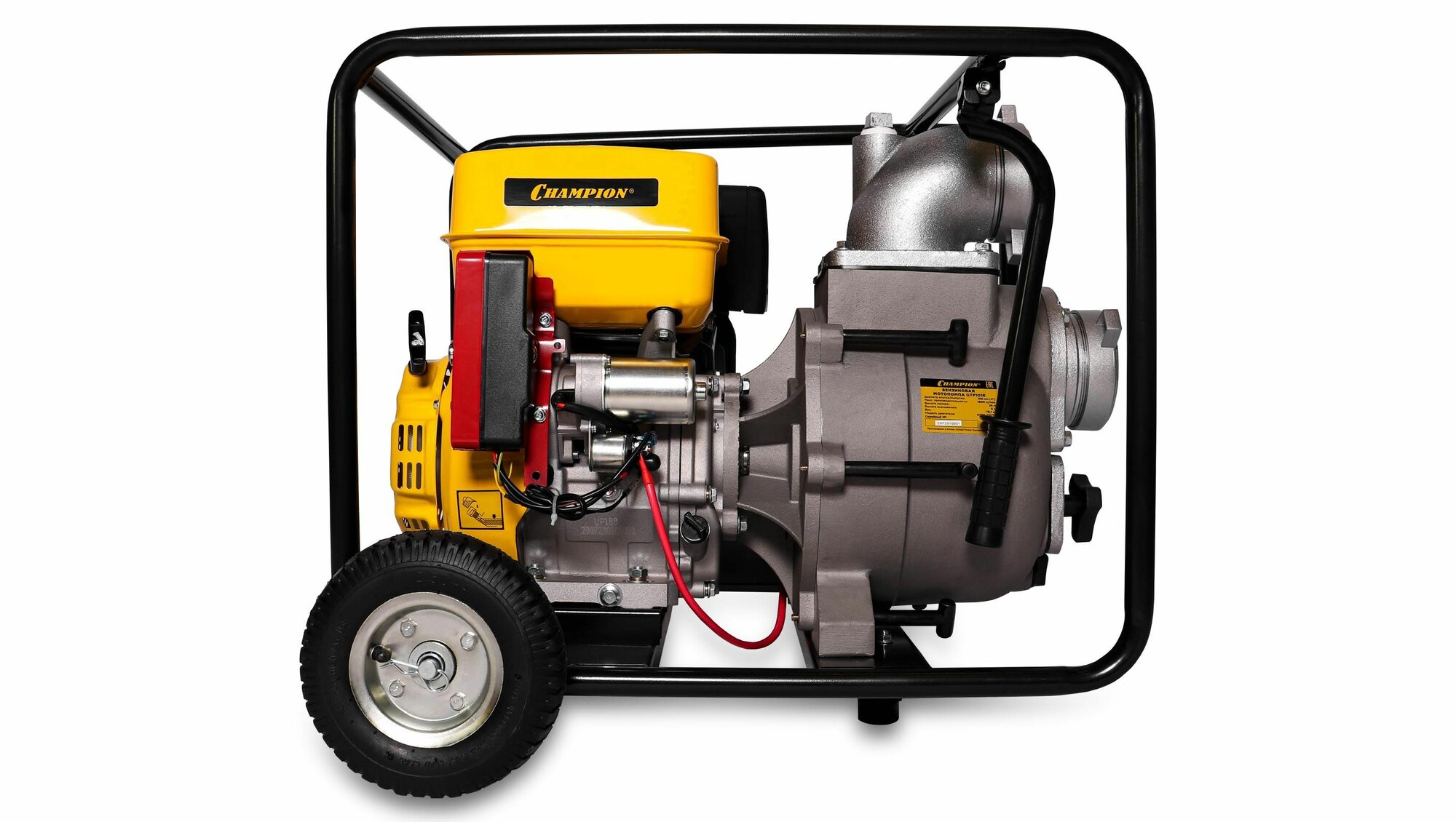 Мотопомпа CHAMPION GTP101E (4 грязная вода 1800л/мин 6/26м 13лс 6,5л 78,1кг, эл. стартер, колеса)