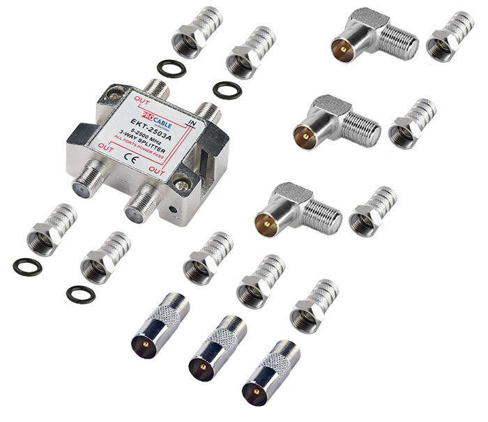 ТВ комплект №29: Разветвитель на 3 тв 5-2500 MHz "спутник", с разъёмом F (4 штуки)+ТВ штекер прямой+F (2 штуки)+ТВ штекер угловой+F (2 штуки)