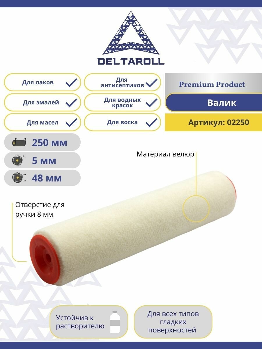 Валик малярный для всех ЛКМ Велюр 250х48 мм, ворс 5 мм Deltaroll