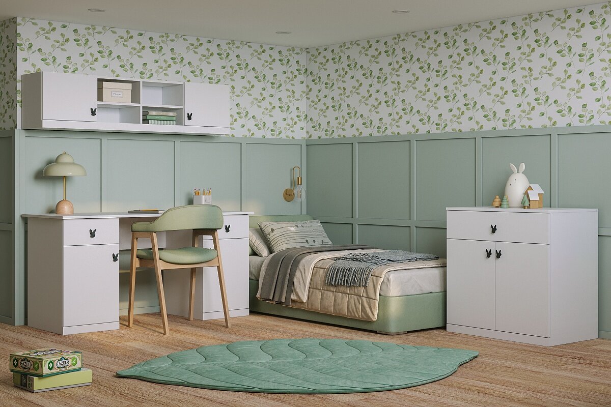 Детская стенка МебельЛэнд24 Банни - 5 МДФ Белый 230x60x80 с комодом со столом