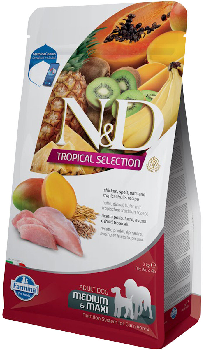 FARMINA DOG N&D TROPICAL ADULT MEDIUM&MAXI CHICKEN низко собаки сред и кр курица, спельта, ов, фрукт 10 кг