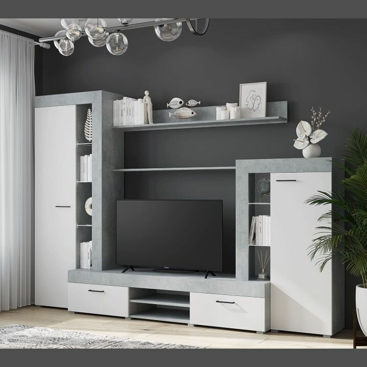 Стенка для гостиной Горизонт Дельта, 2648х1874х456 мм, белый/бетон