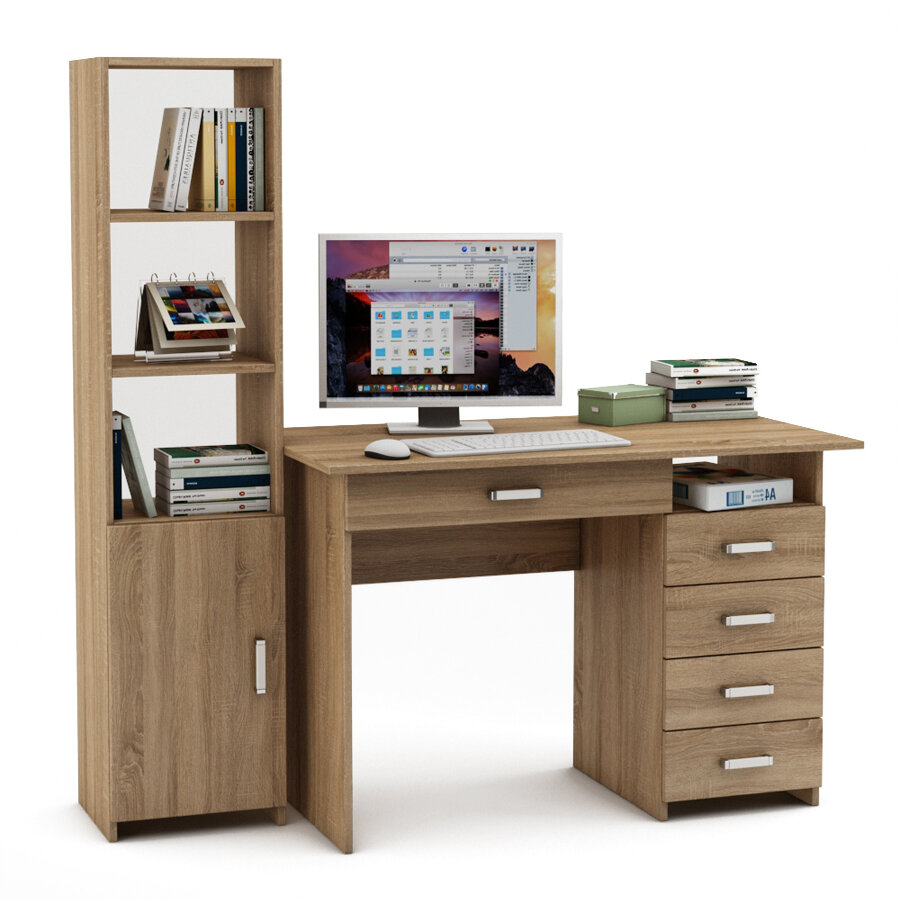 Стол письменный, компьютерный Лайт (Ньюкасл) 5Я с ящиком и стеллажом 145х60х149,2 см, Дуб сонома