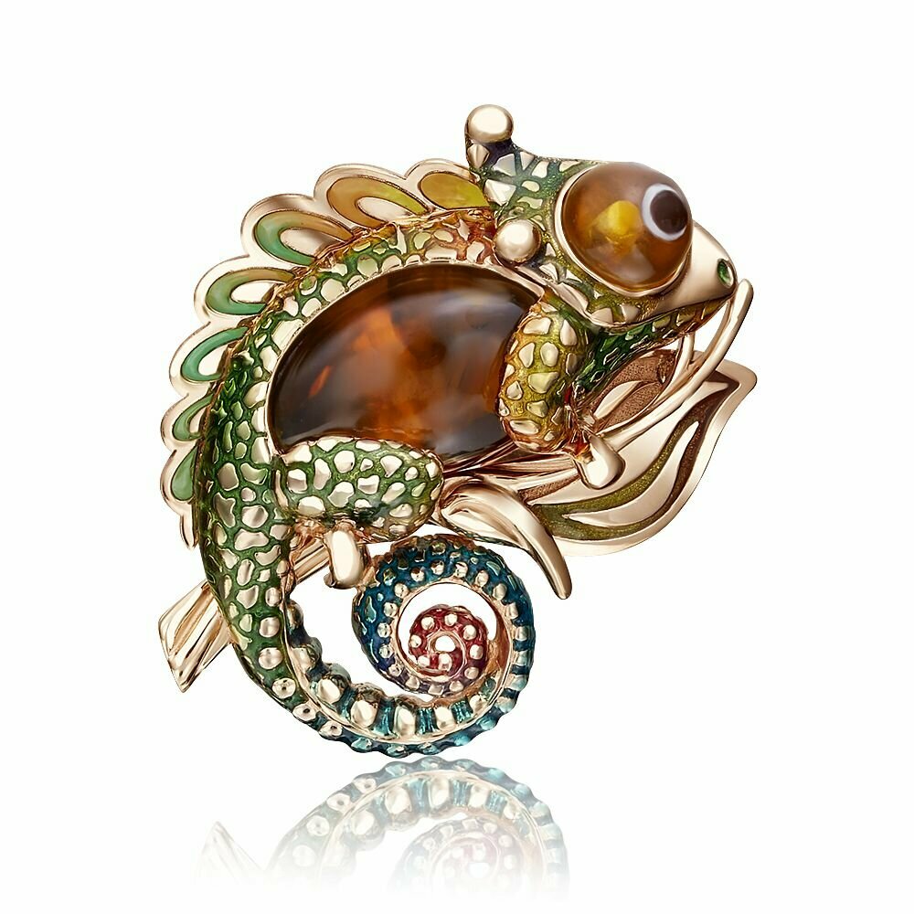 Брошь, красное золото, 585 проба, янтарь, эмаль