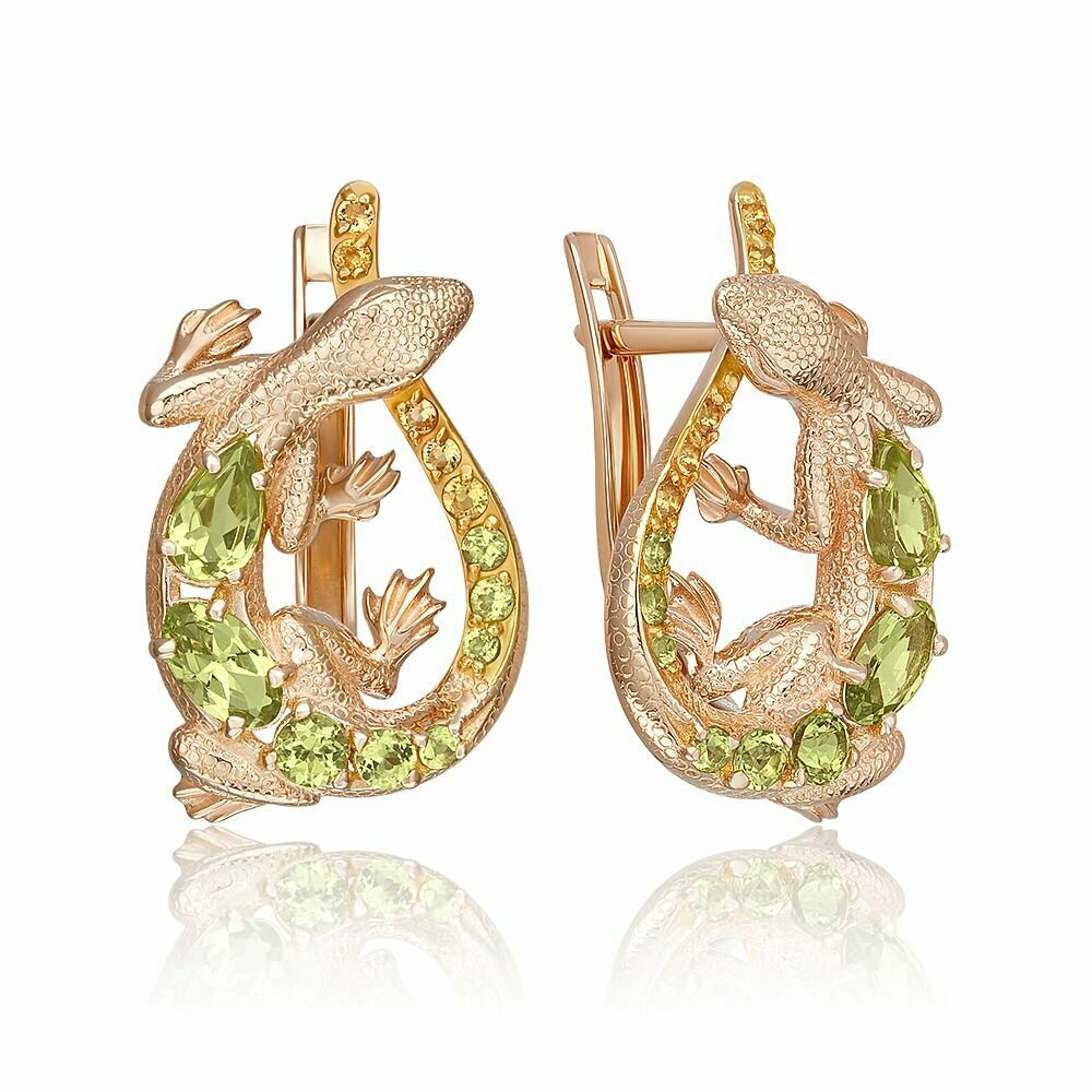 Серьги, красное золото, 585 проба, цитрин, хризолит