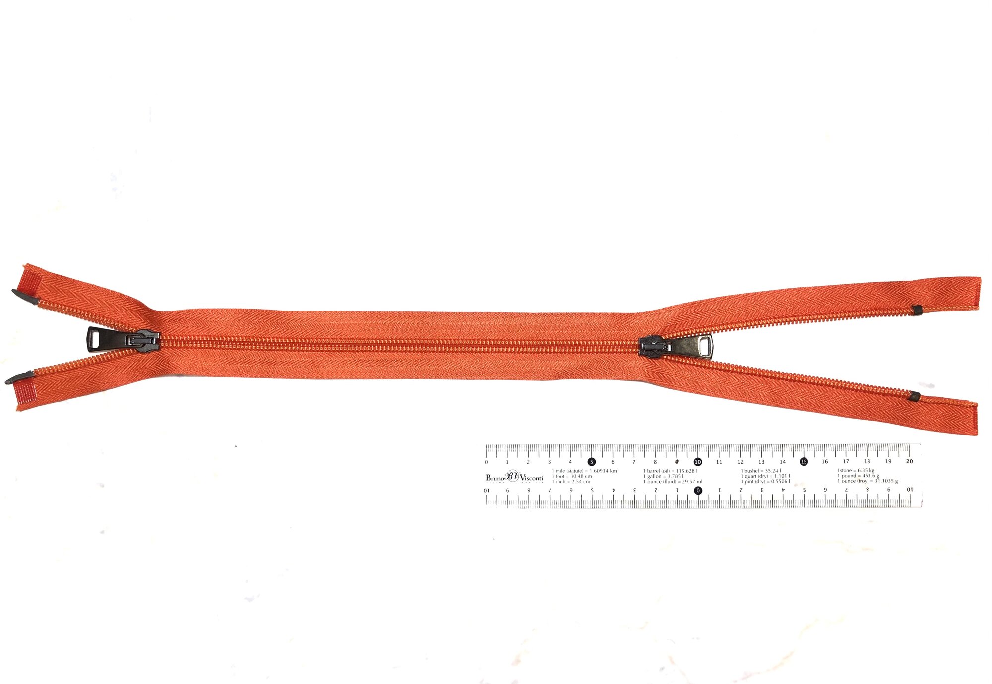 Молния оранжевая разъёмная спиральная пластик / бегунки металл тёмный никель Т5 - 41см (2 зам.) 1шт.