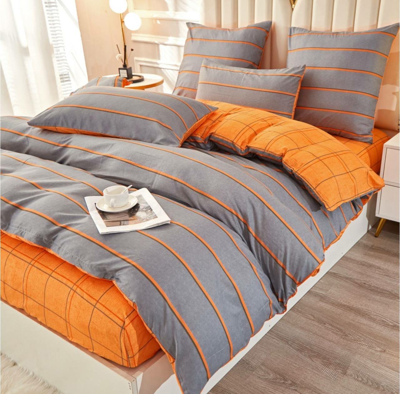 Комплект Постельного Белья Евро Сатин - Оранжево-серый Полоски