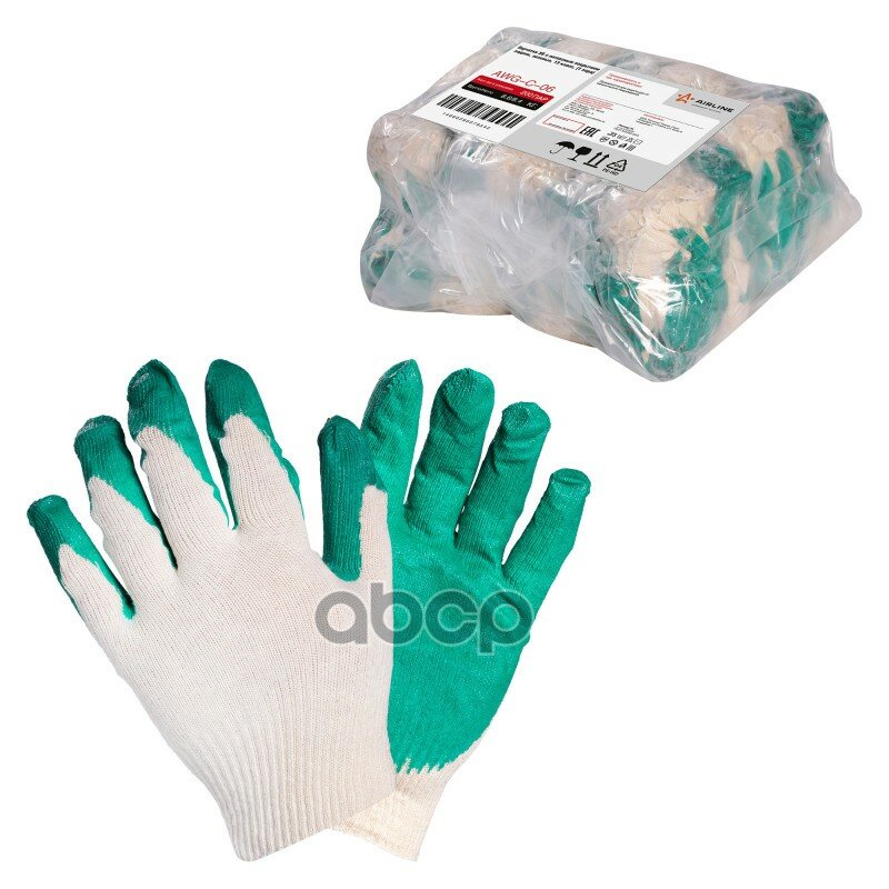 Перчатки х/б с латексным покрытием ладони, зеленые (1 пара) AIRLINE арт. AWGC06 - высокое качество