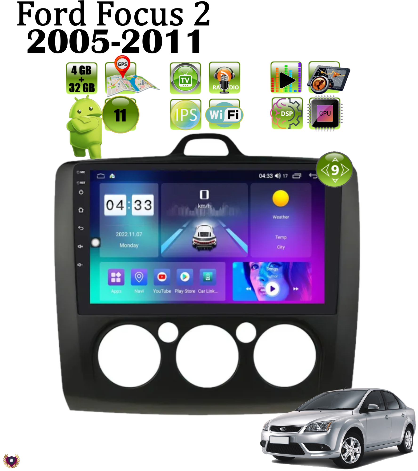 Автомагнитола для FORD Focus 2 (2005-2011) кондиционер, Android 11, 4/32 GB, GPS, Bluetooth, WiFi, IPS экран, FM, сенсорные кнопки, поддержка кнопок на руле