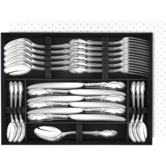 Набор Кольчугинский Мельхиор столовый "Серебряная роза" посереб. 24 пр. + футляр КМ0042401