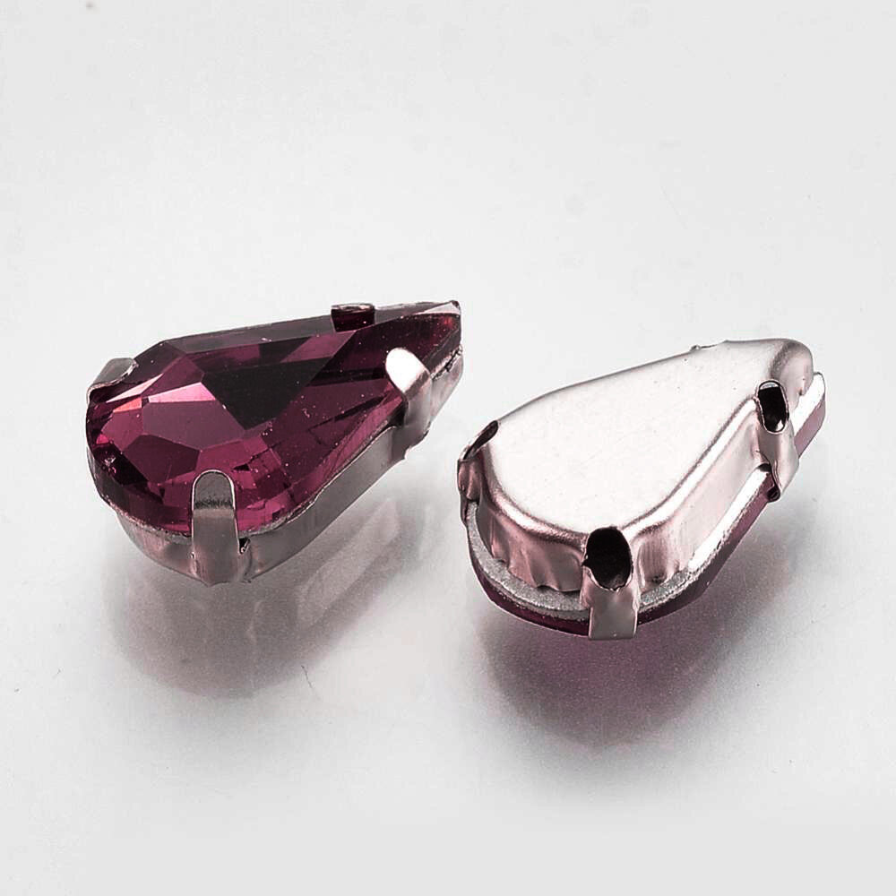 Страз стеклянный в оправе, 13х8мм, пришивной, форма удлиненная капля, аметистовый, оправа стального цвета, 5 грамм