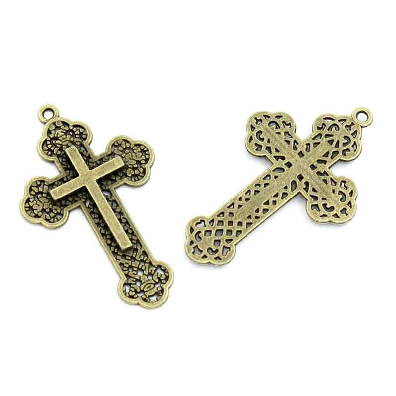 Подвеска, 54х33х3мм, ажурный крест, базовый материал - цинковый сплав, бронзовый, 2 шт.