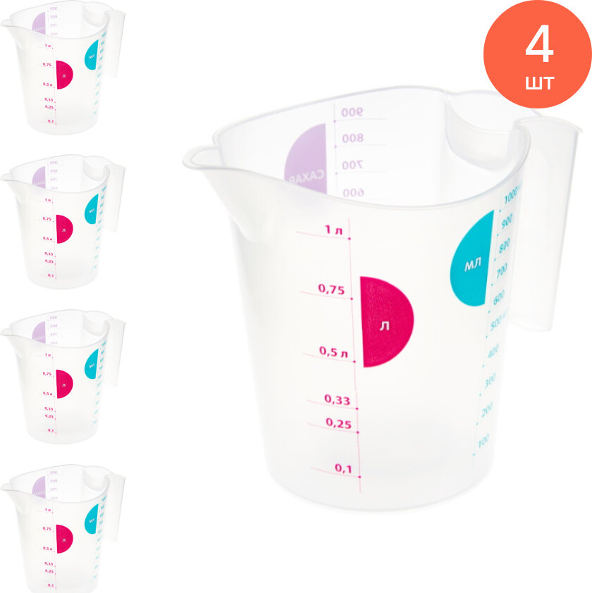 Кувшин М-пластика КН1206 мерный полипропилен прозрачный 1л (комплект из 4 шт)
