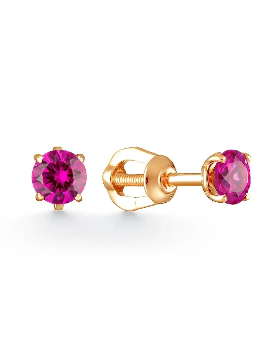 Серьги пусеты, красное золото, 585 проба, рубин, бриллиант