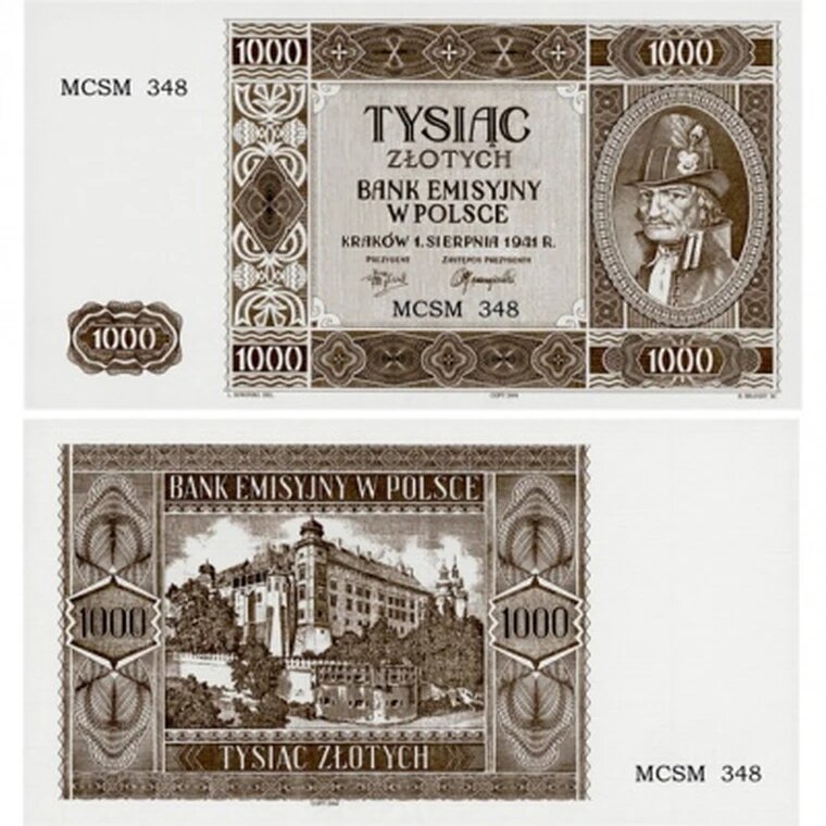 1000 злотых 1940 Польша Краков, сувенирная копия, банкноты и купюры редкие коллекционные
