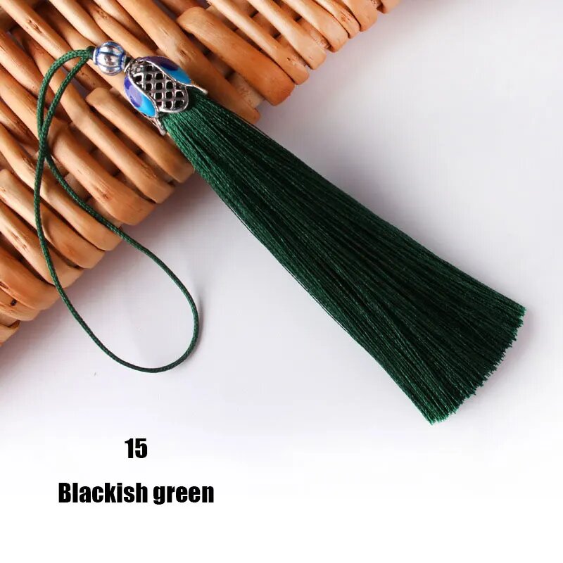 Кисточки для рукоделия 2 шт, 17 см, шелковая бахрома Темно-зеленый, BlackishGreen