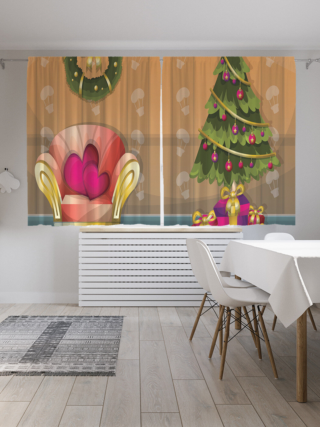Фотошторы короткие "Подарки под елкой", 2 полотна шириной по 145 см, высота 180 см, JoyArty, серия Новый год