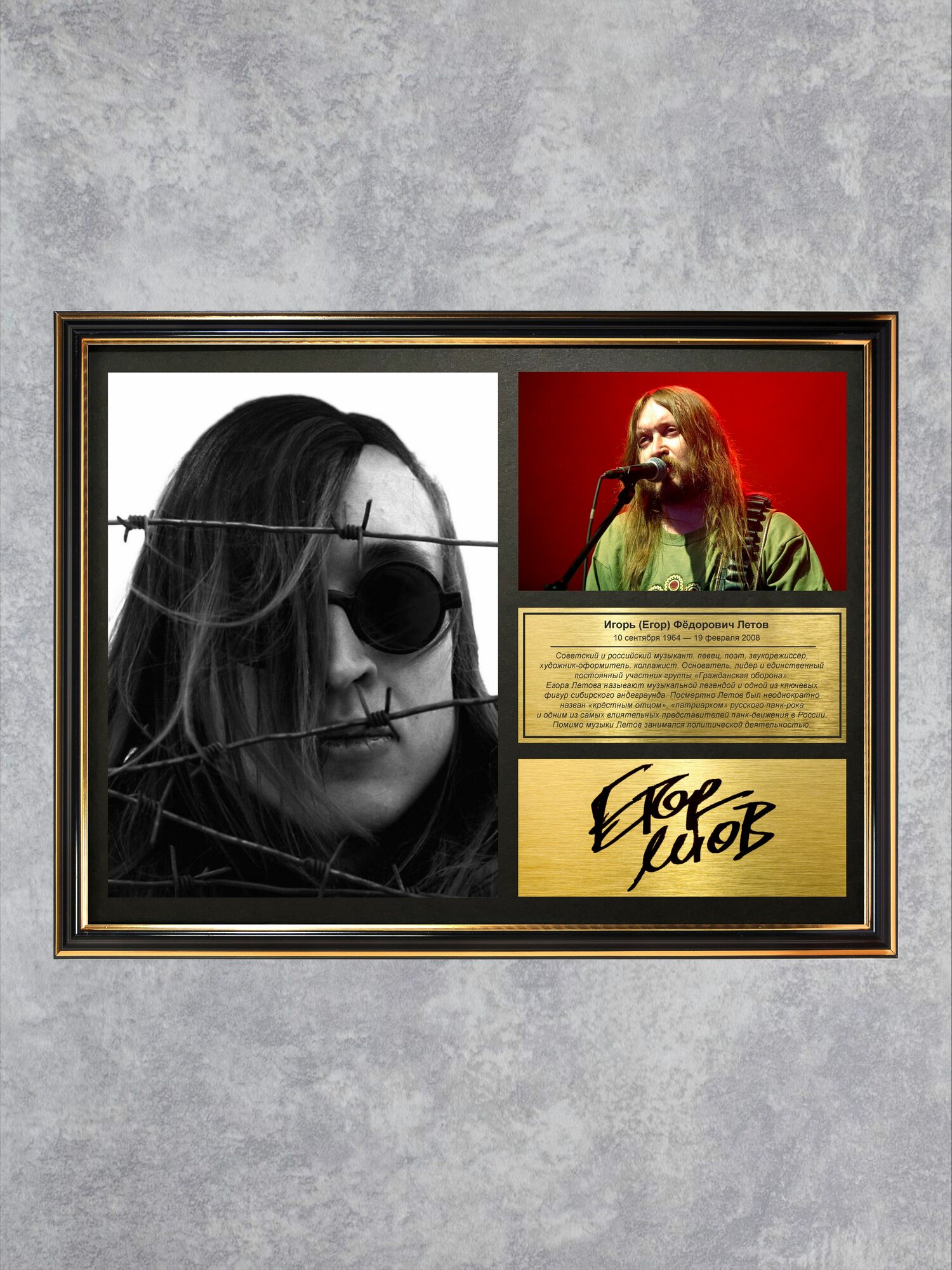 Золотистая картина с металлическими табличками Егор Летов