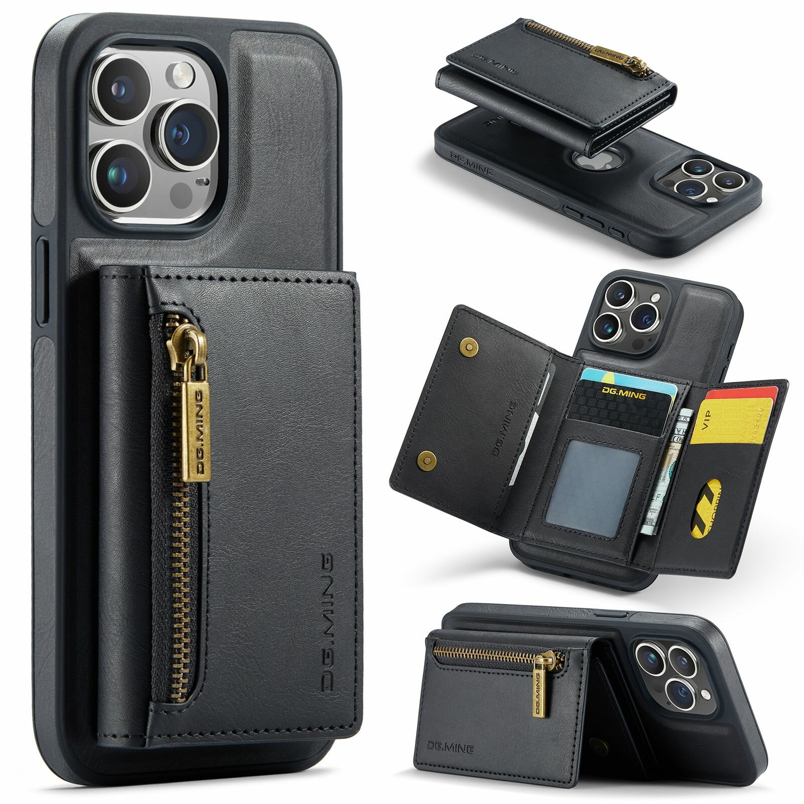 DG.MING Magsafe кожаный чехол для Apple iPhone 15 Pro Max / Айфон 15 Про Макс , держатель магнитной карты, 2-в-1 чехол из спилка