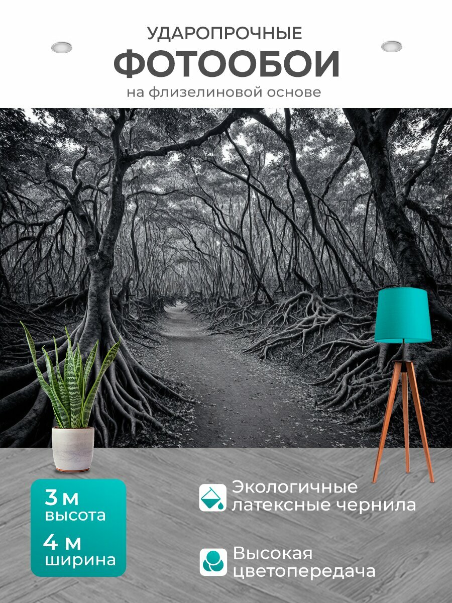 Фотообои моющиеся ударопрочные "Черно-белый: глубокий лес с переплетением корней деревьев и множеством тропинок. атмосфера таинственности и приключений." 400x300 см. флизелиновые на стену